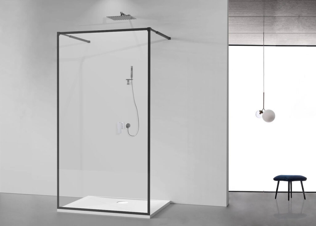 Freestanding black walk in shower screen with two arms - conric